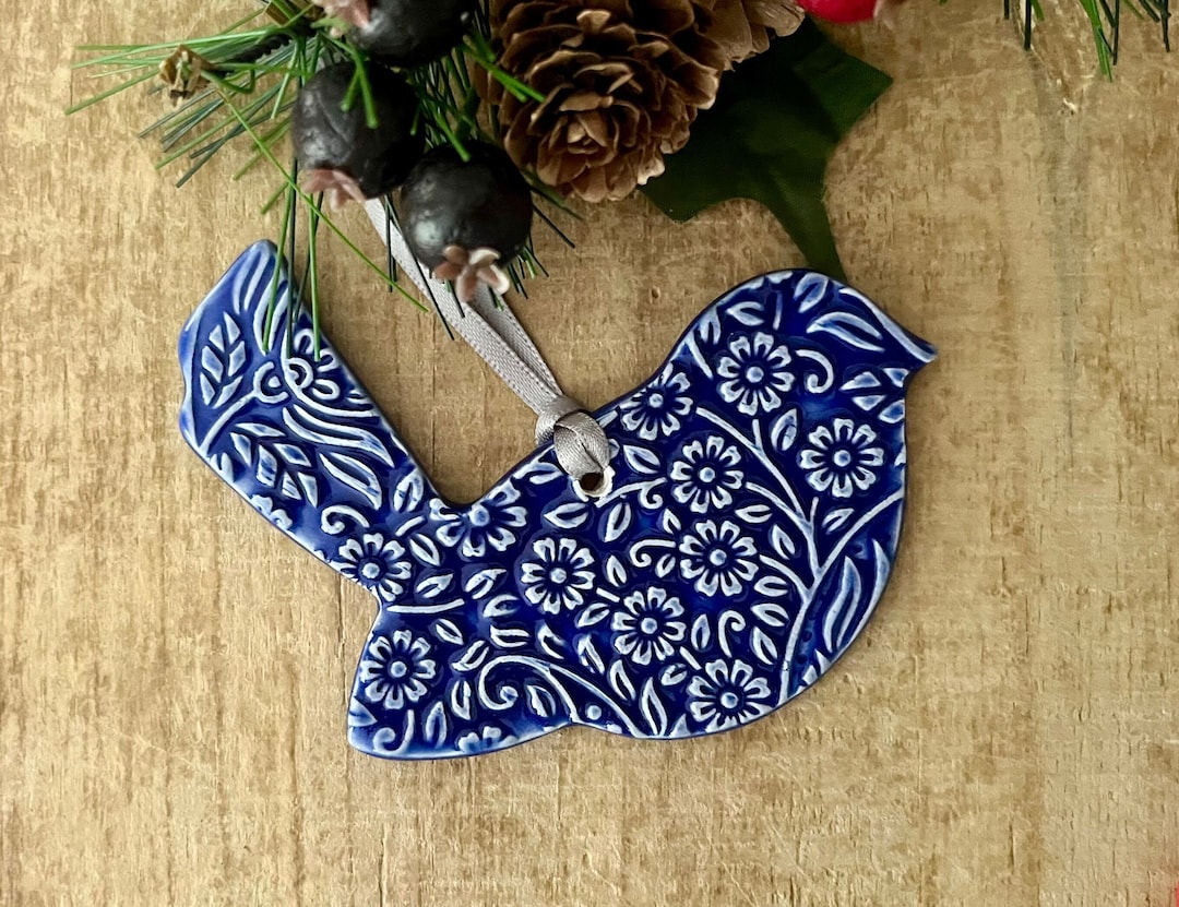 Floral Blue Bird Ornament, Ceramic Ornament, Ceramic Bird, Handmade ...