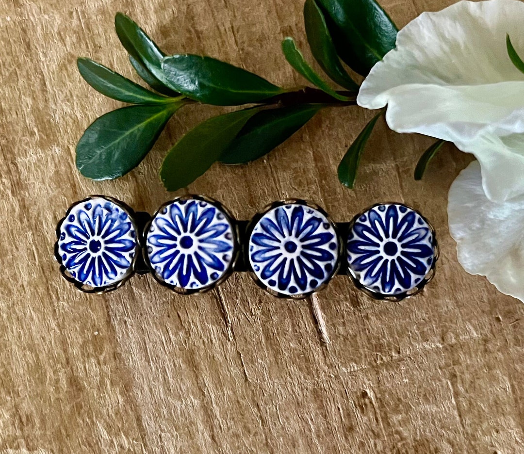 Blue and White Ceramic Tile Barrette, Antique Brass Color, Handmade ...