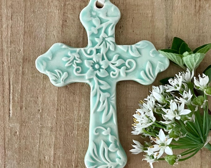 Handmade Ceramic Cross Ornament, Floral Cross, Ornament Gift, Keepsake ...
