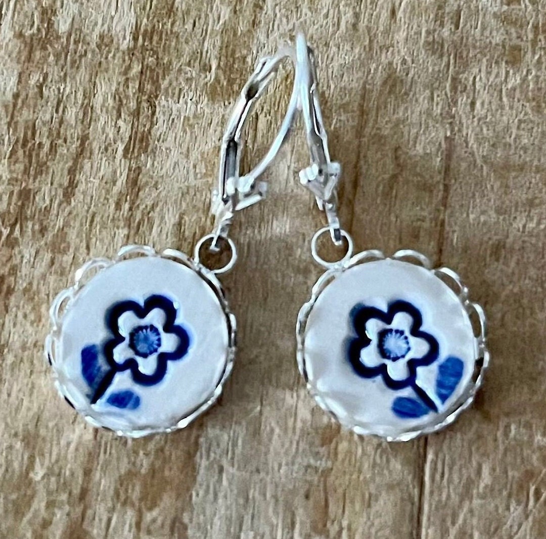 Delft Blue Ceramic Flower Earrings, Sterling Silver Wires, Handmade ...