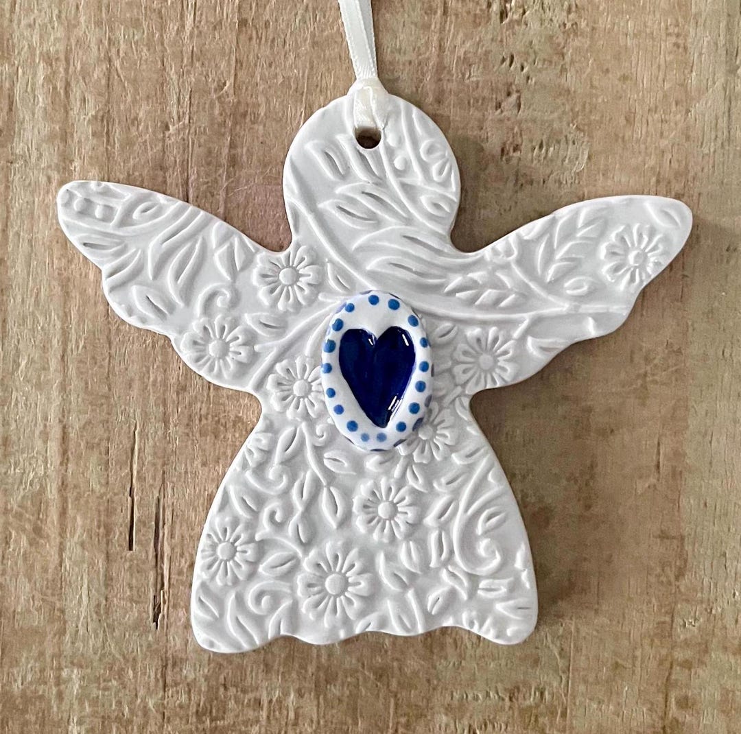 Handmade Ceramic Angel Ornament: Delft Blue Heart, Floral Design - Etsy