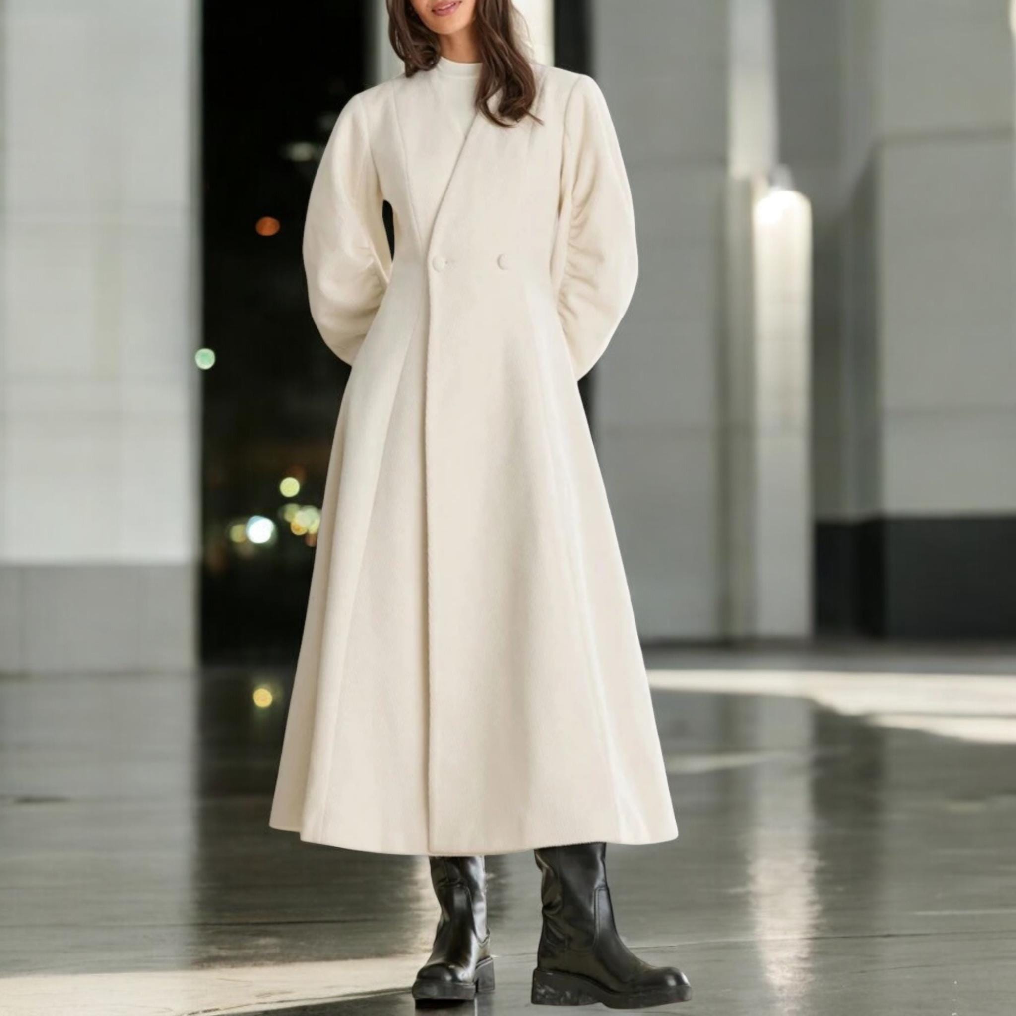 Elegant Retro Classic Long Cream Coat | Fitted | Cozy | Chic | Buttoned ...