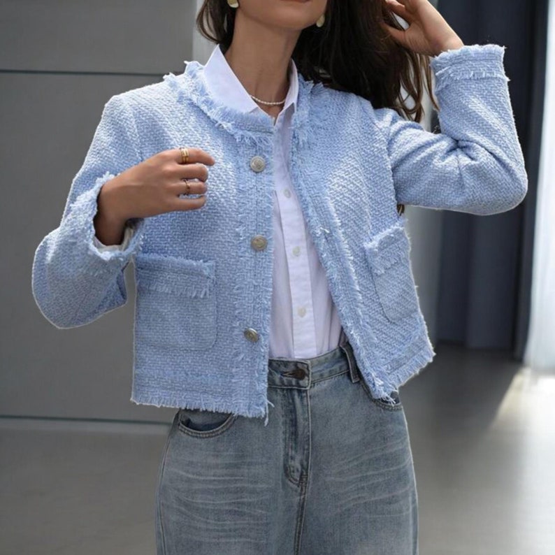 Elegant Blue Tweed Jacket | Blazer | Fringe | Buttoned | Lined ...