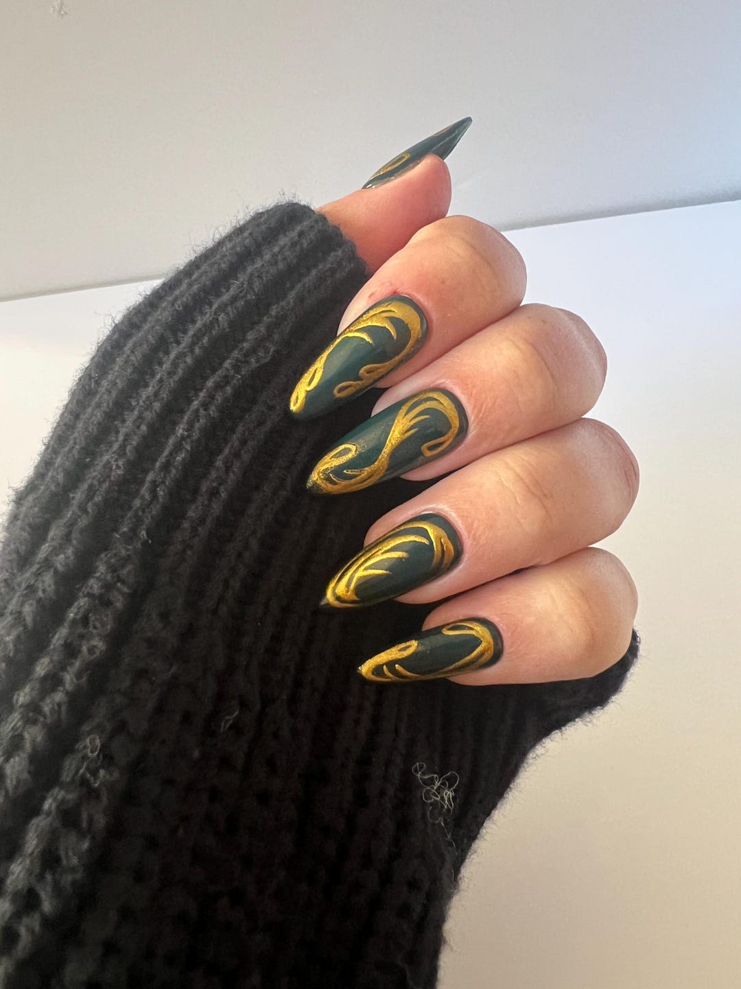 Green and Gold Gel Press on Nails | Hand-painted Press on Nails ...