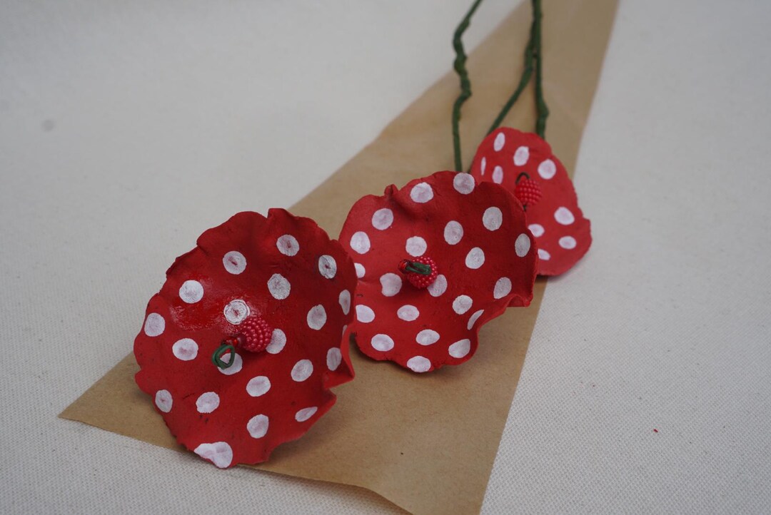 Red With White Spots - Handmade Recycled Paper Clay Mache Pulp Flowers ...