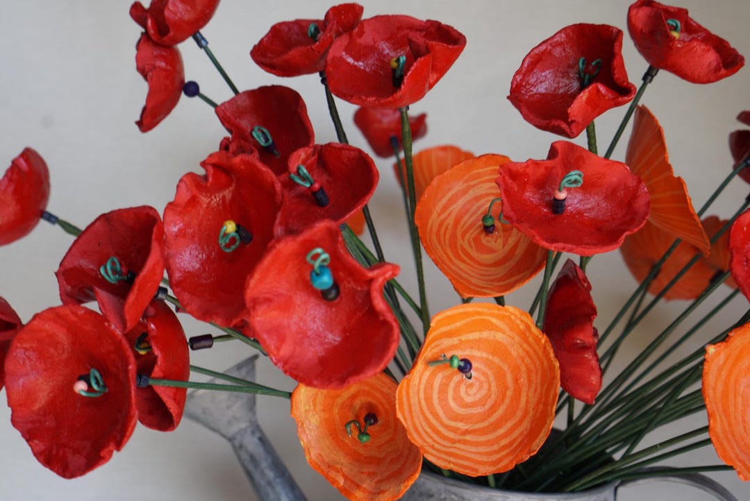 Red and Orange Poppies and Pansies - Handmade Recycled Paper Clay Mache ...