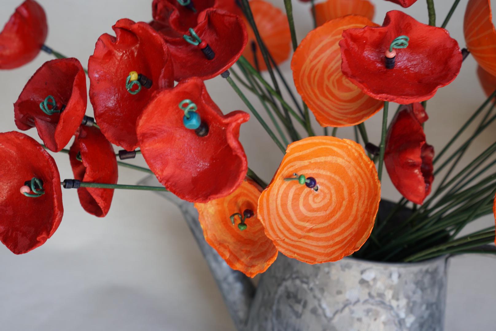 Red and Orange Poppies and Pansies - Handmade Recycled Paper Clay Mache ...
