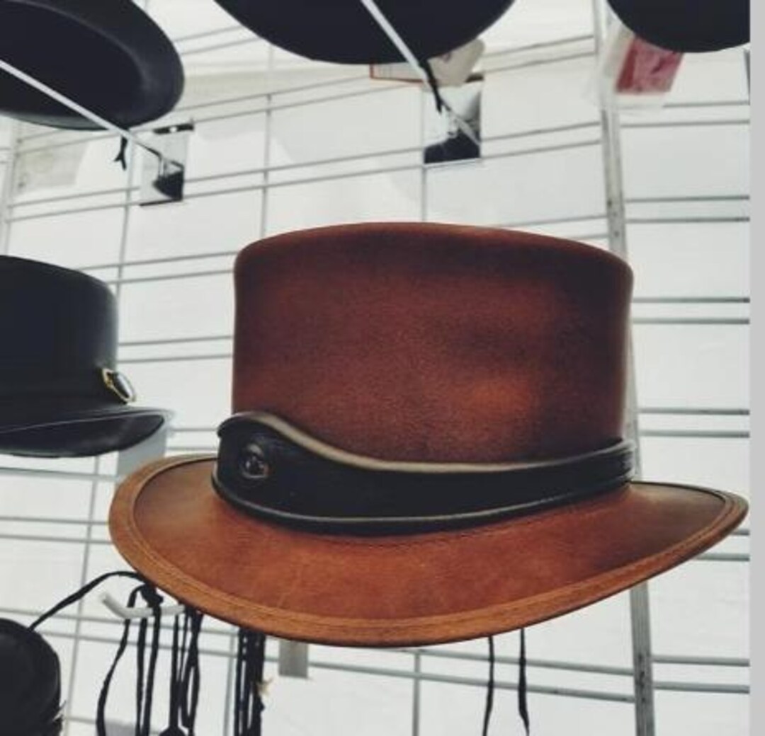 Brown Leather Hat Eye Band Steampunk Top Hat Gothic Leather Hat ...