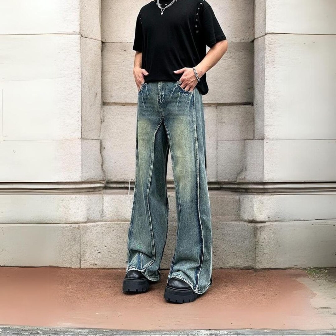 Embroidered Baggy Stacked Denim Jeans, Flared Jeans, Wide Leg Loose ...