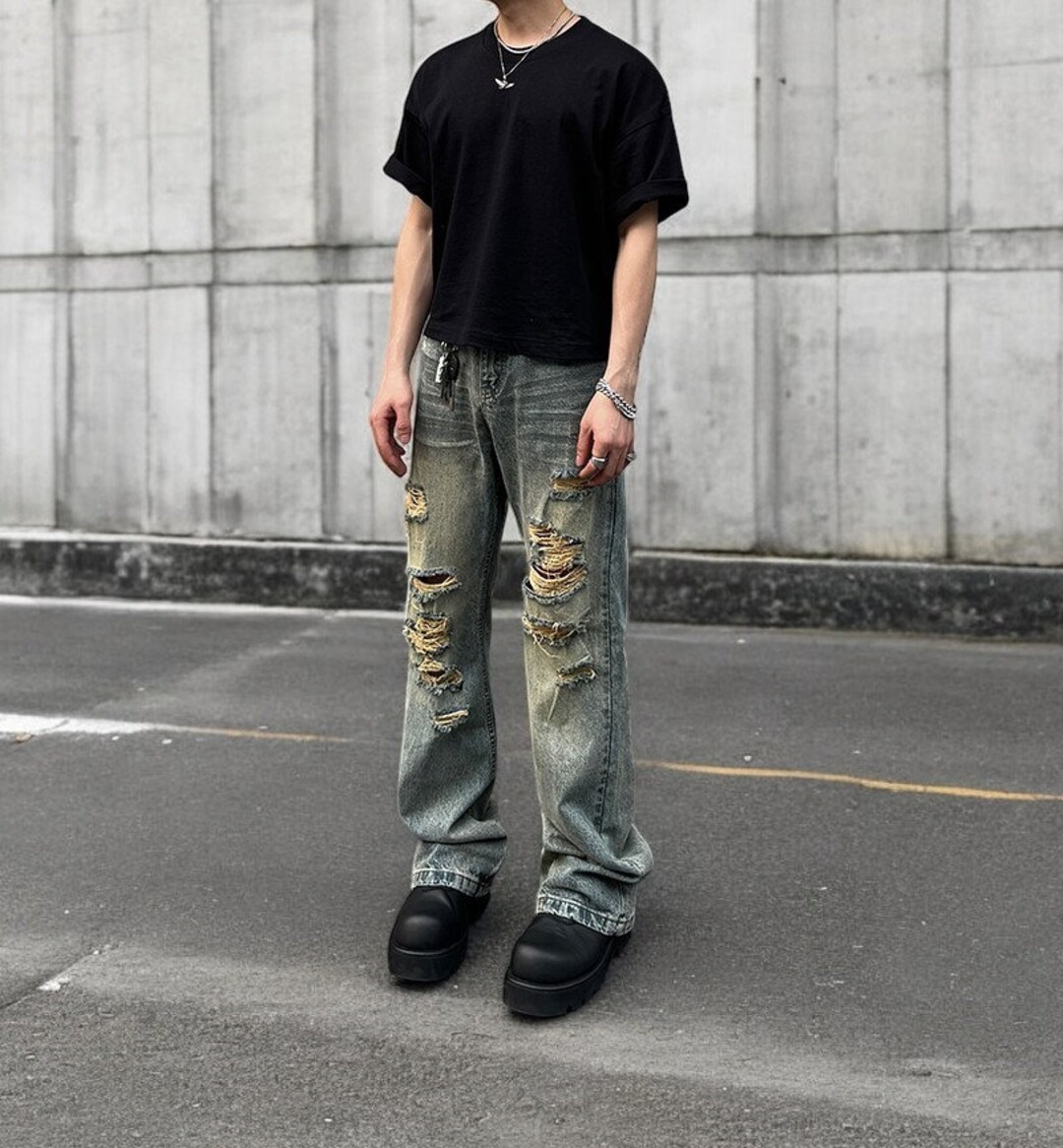 Washed Distressed Denim Jeans, Ripped Denim Jeans, Wide Leg Denim Jeans ...