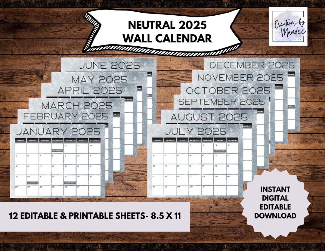 Neutral 2025 Wall Calendar Template - Etsy