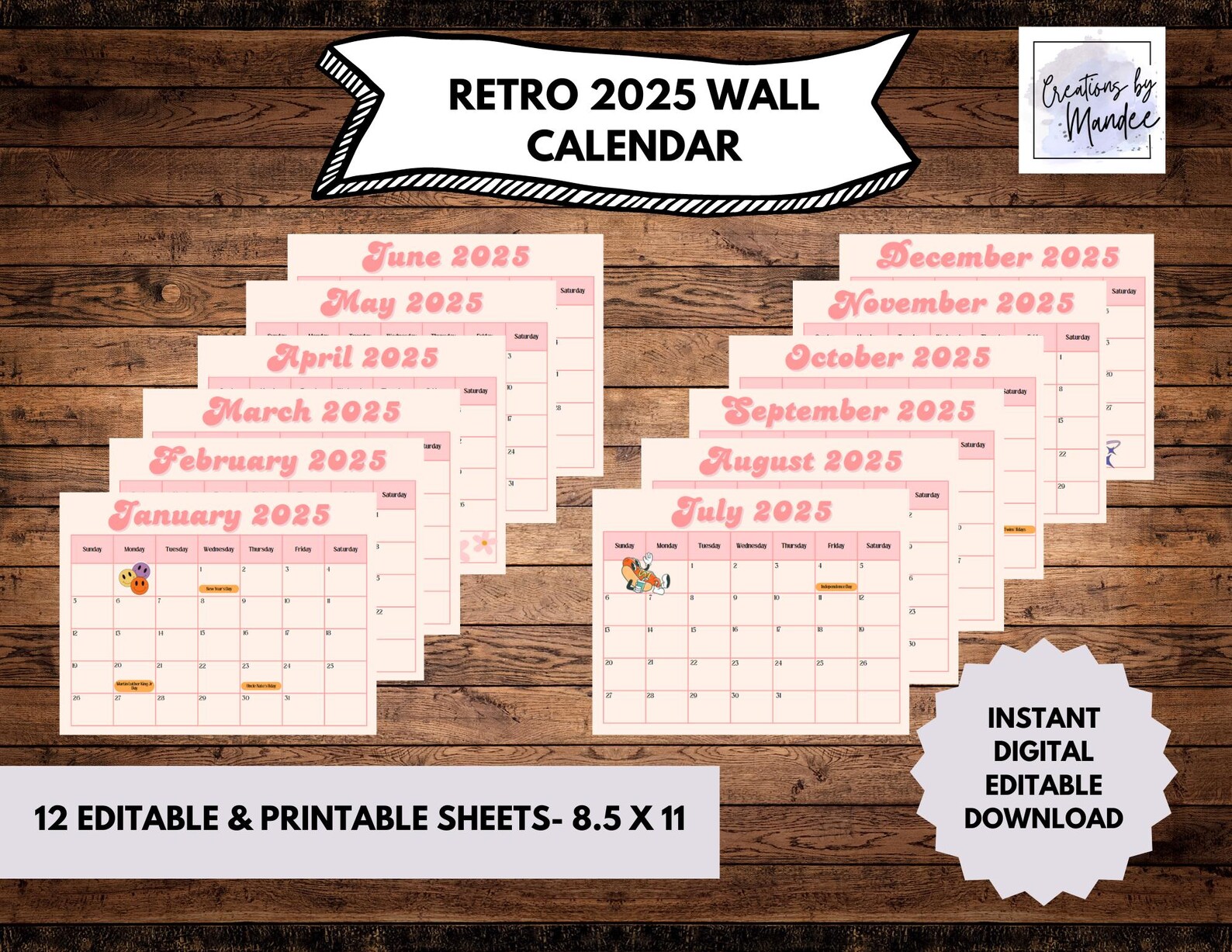 2025 Retro Wall Calendar Template - Etsy