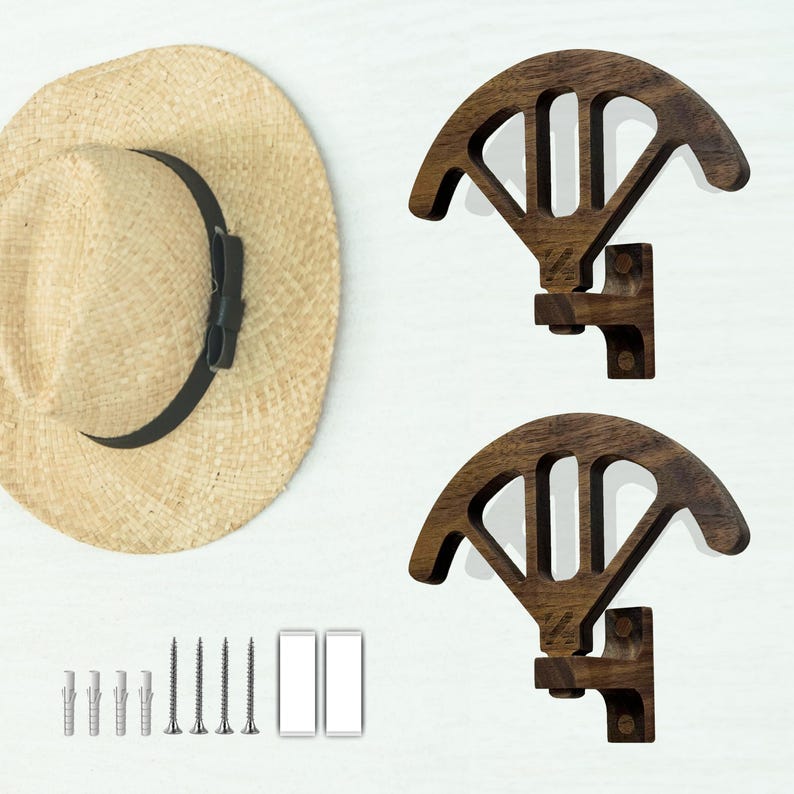 Premium Set of 2 Walnut Wood Cowboy Hat Hangers, Adjustable Black ...