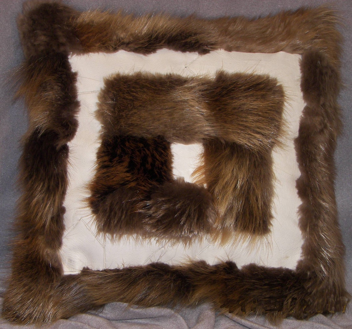 Natural Beaver Genuine Real Fur Leather Patchwork Pillow White Nappa ...