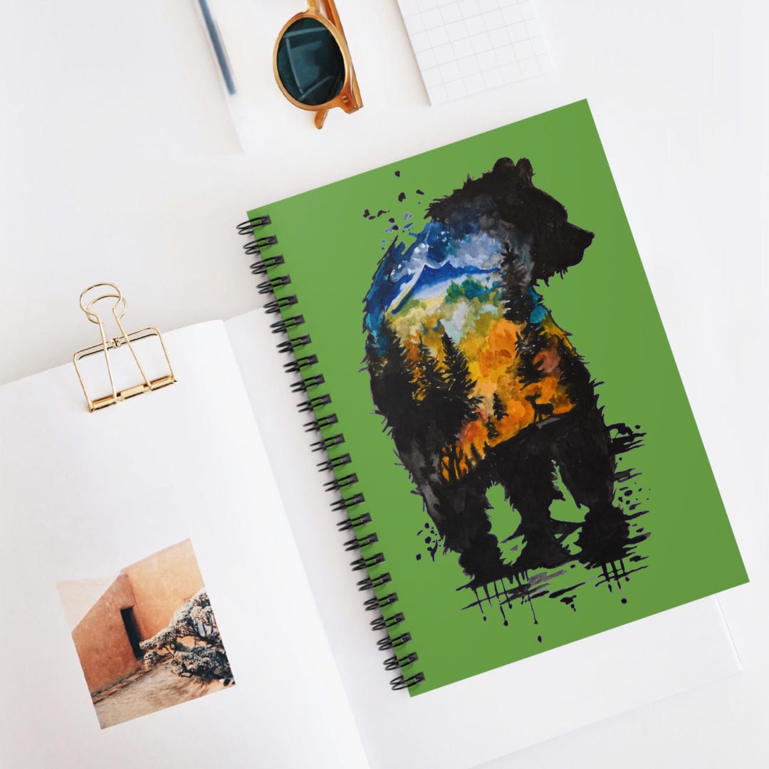 Grizzly Bear Mountain Forest Watercolor Spiral Notebook Ruled Line ...