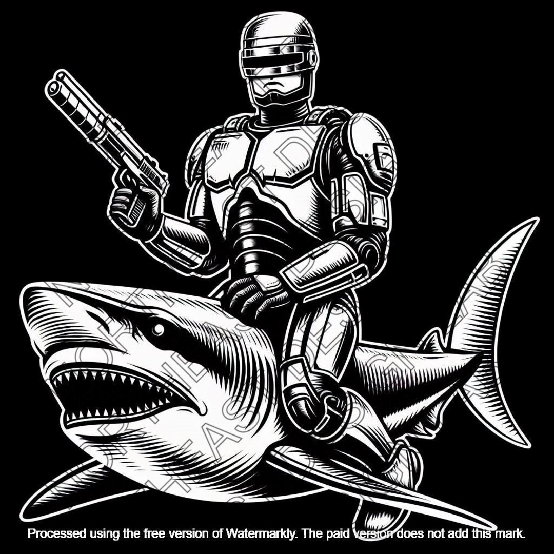 Robocop Riding a Shark. Clipart Grayscale Png Ready for Laser Engraving ...