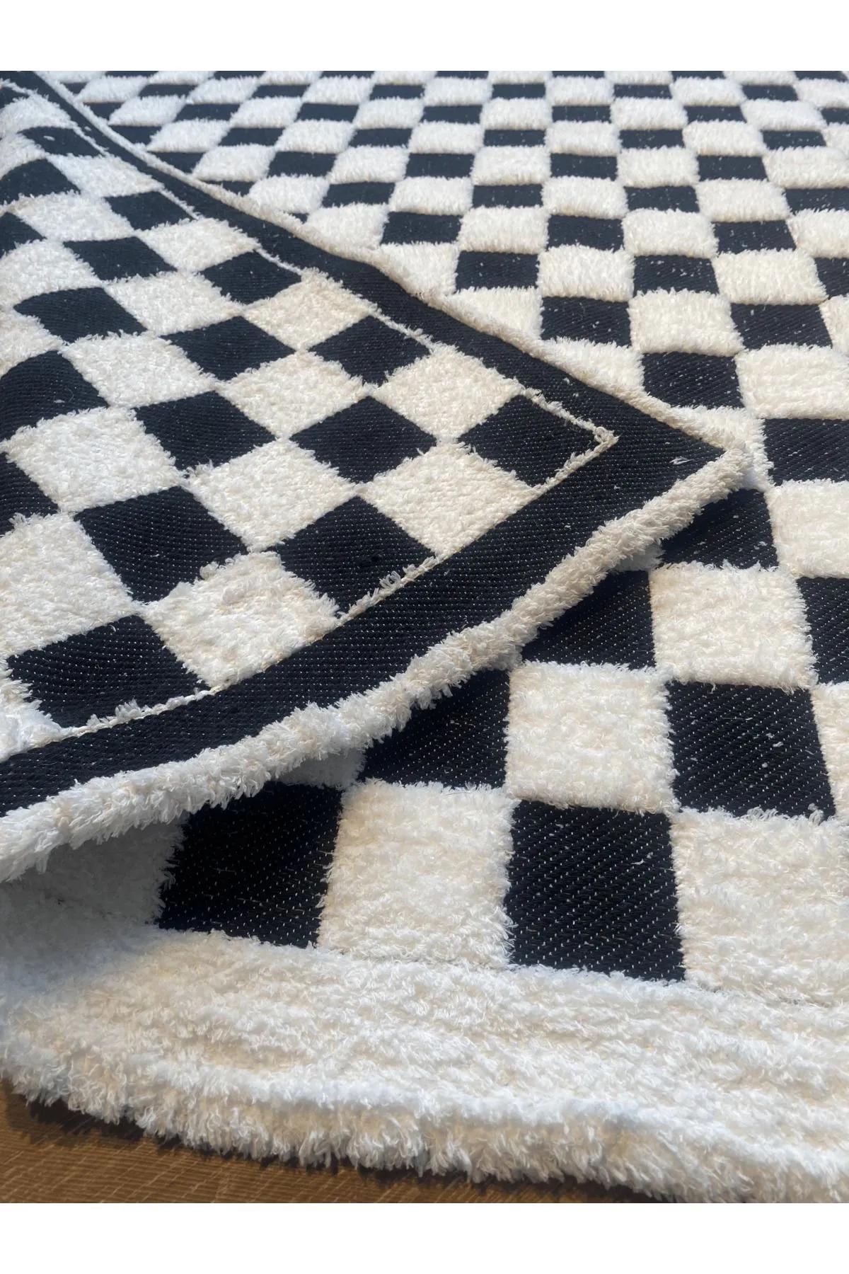 Handmade Black and White Checkered Plush Rug, Modern Minimalist Decor ...