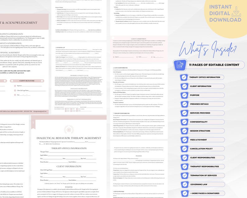Dialectical Behavior Therapy Agreement, DBT Therapy Contract, DBT ...