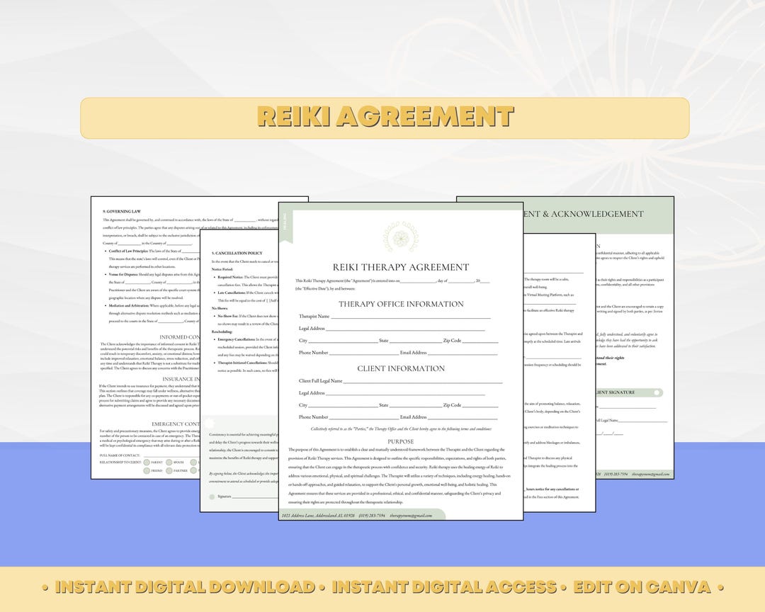 Reiki Therapy Agreement, Reiki Contract, Energy Healing Contract, Reiki ...