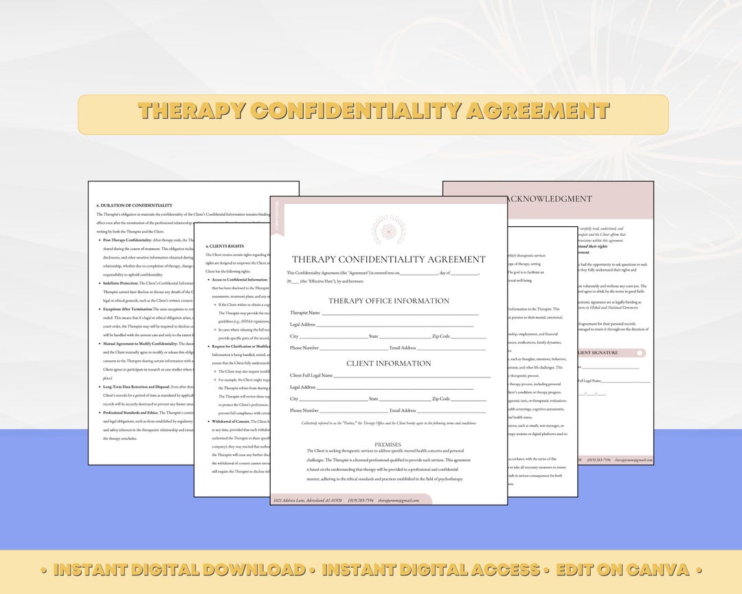 Therapy Confidentiality Agreement, Printable Therapy Counseling ...