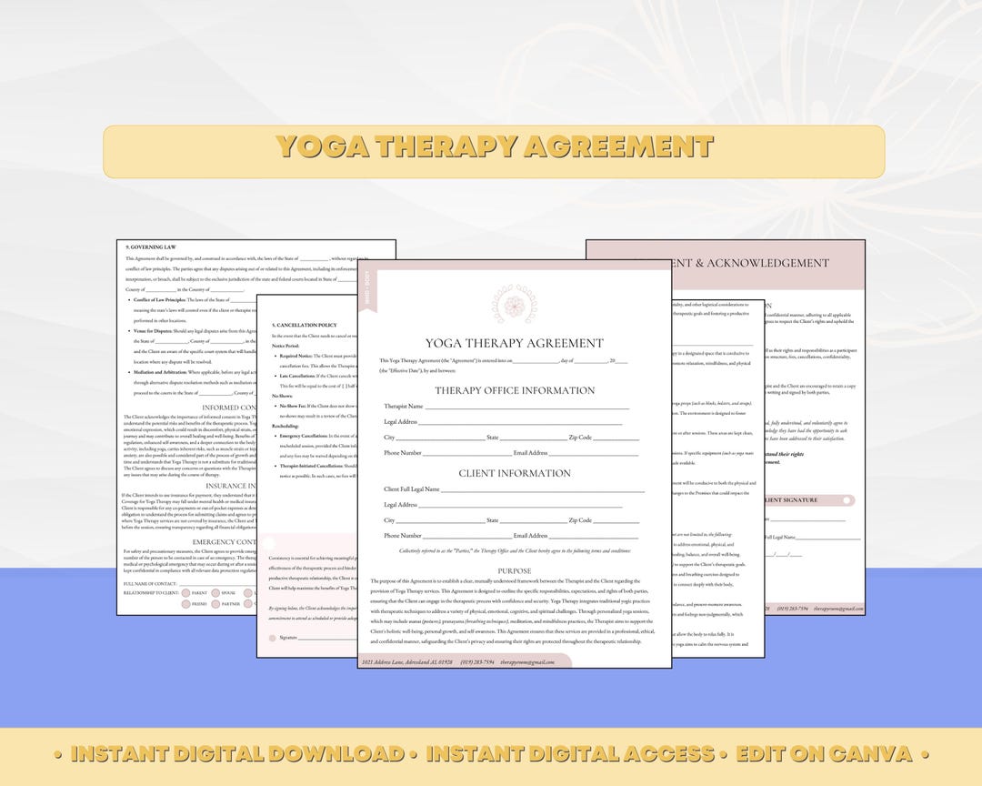 Yoga Therapy Agreement, Yoga Instructor Studio Contract, Yoga Teacher Student Agreement, Yoga ...