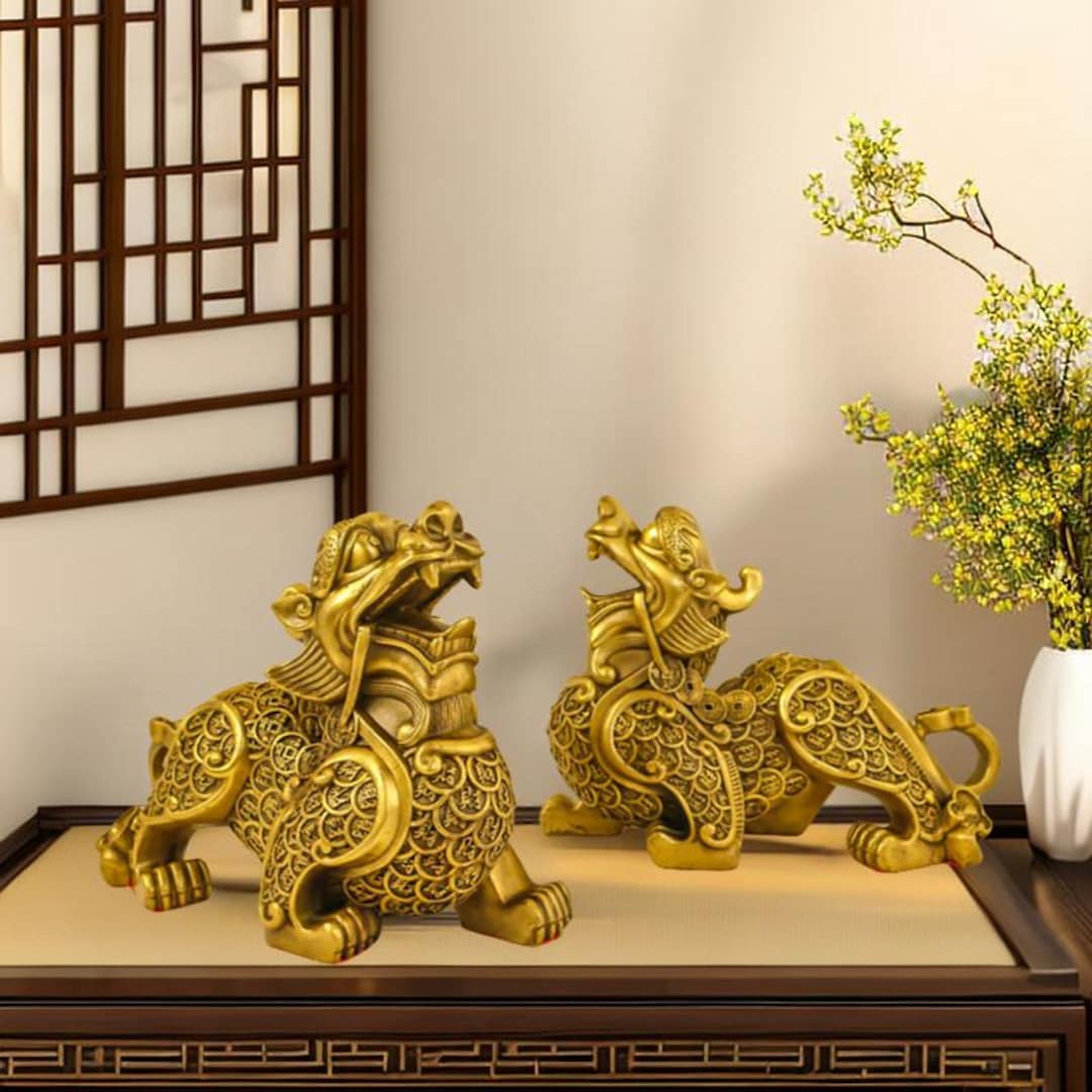 Pair of Wealth Pixiu Statues Feng Shui Decor Copper Kirin, Bronze ...