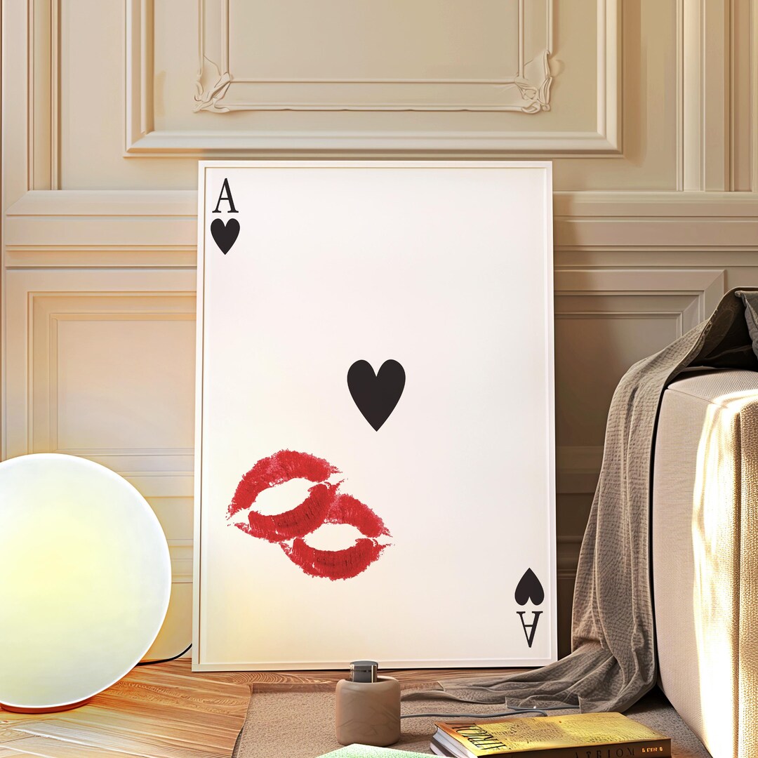 Playing Card Print, Trendy Retro Kiss Lips, Ace of Hearts Print Kiss ...
