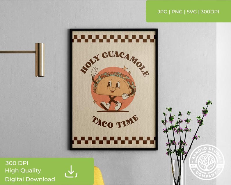 Retro Taco Poster Taco Time Vintage Kitchen Art Fun Wall Decor Instant ...