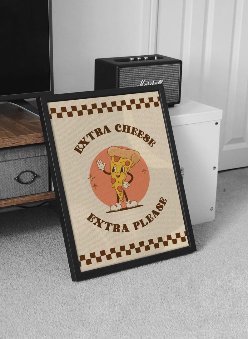 Retro Pizza Poster Extra Cheese Extra Please Vintage Kitchen Art Fun ...