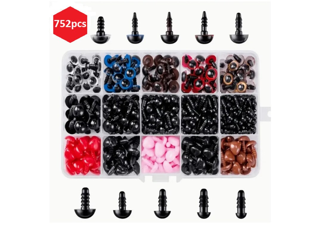 752pc Black Safety Eyes and Noses Set With Backs in Storage Case ...