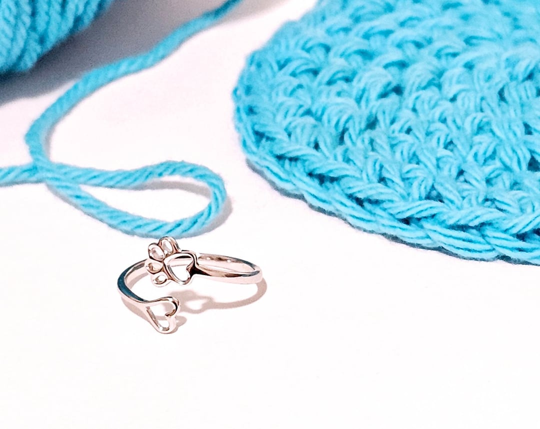 Sterling Silver Yarn Ring Paw Print and Heart Adjustable Size Crochet ...