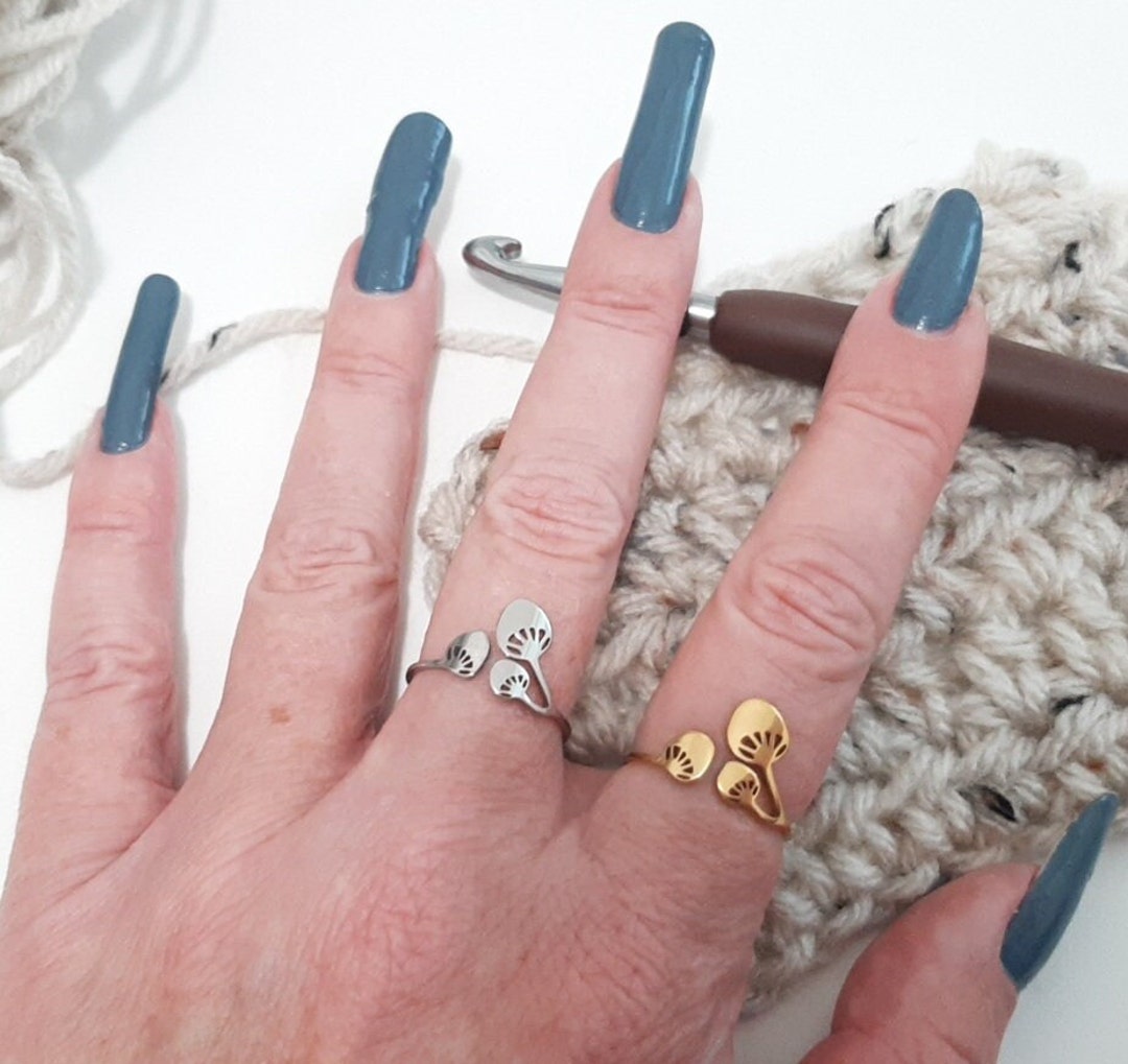 Silver or Gold Yarn Guide Ring Mushrooms Adjustable Size Crochet Ring ...