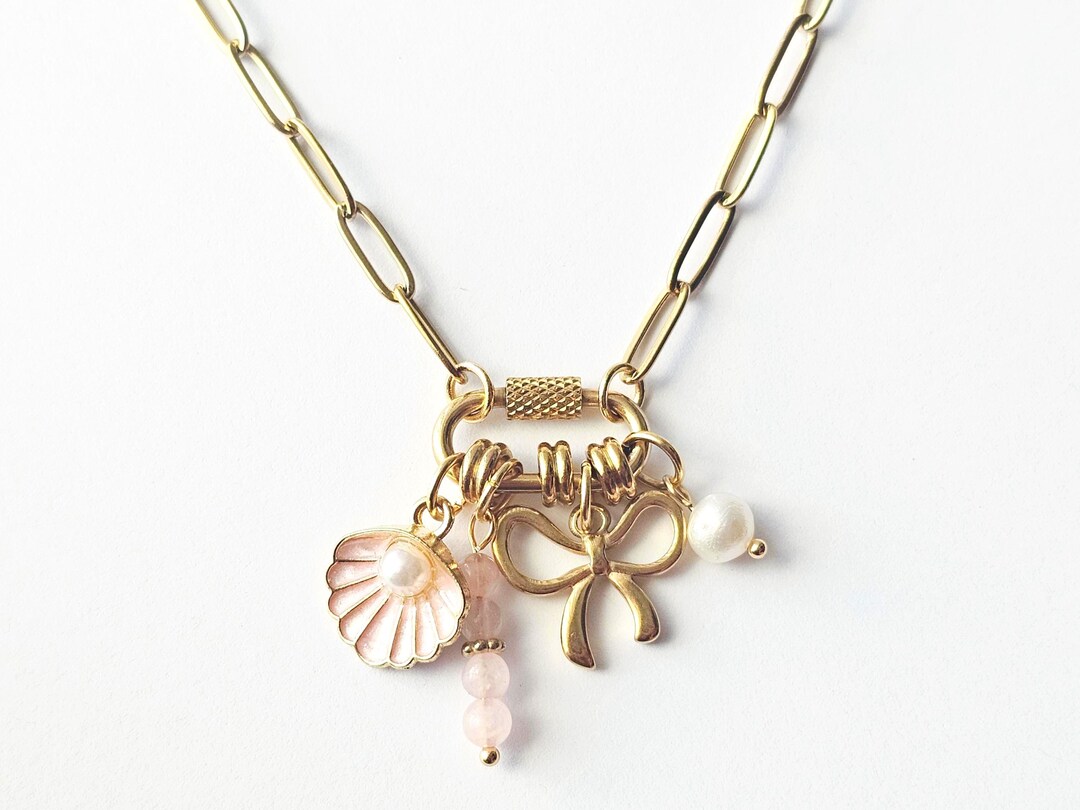 Coastal Cowgirl Seashell Charm Necklace Gold Carabiner Chain With Pearl ...