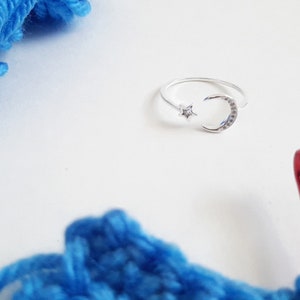 Sterling Silver Yarn Tension Ring Moon & Star Adjustable Size 6-9 ...