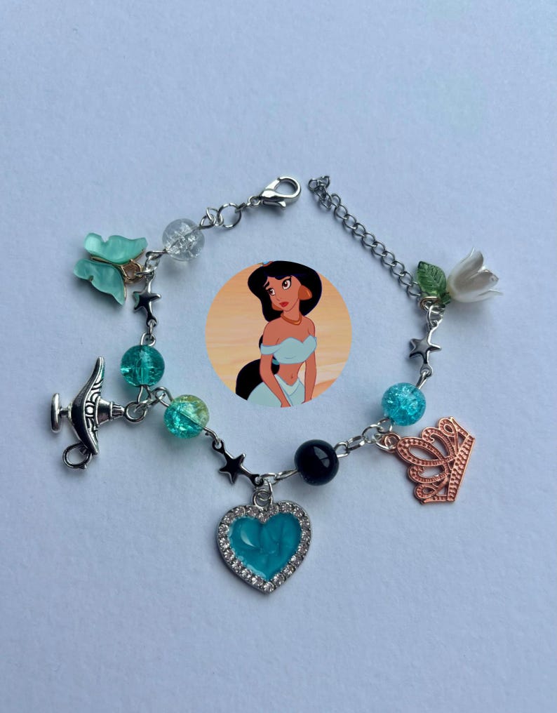 Princess Jasmine Charm Bracelet – Teal Heart, Magic Lamp, Crown - Etsy ...