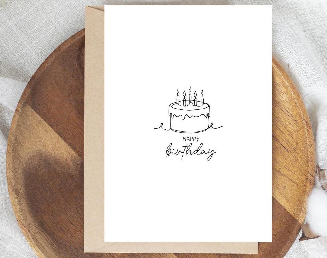 Minimalist Happy Birthday Card, Line Drawing, Birthday Cake, Simple ...