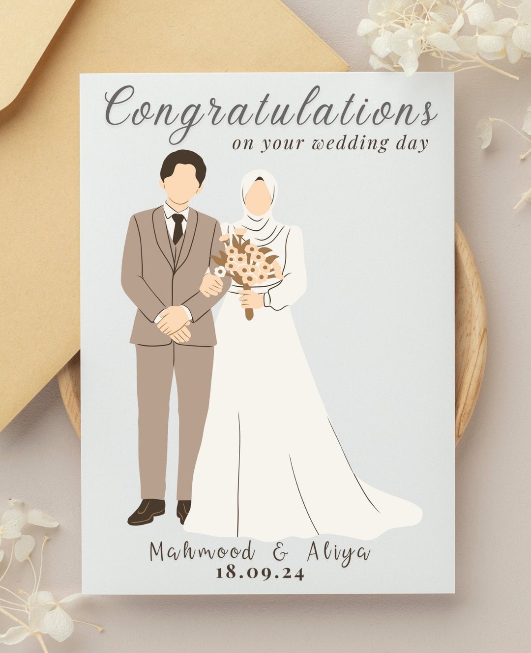 Personalised Wedding Card, Nikkah Card, Muslim Bride and Groom, Hijab ...