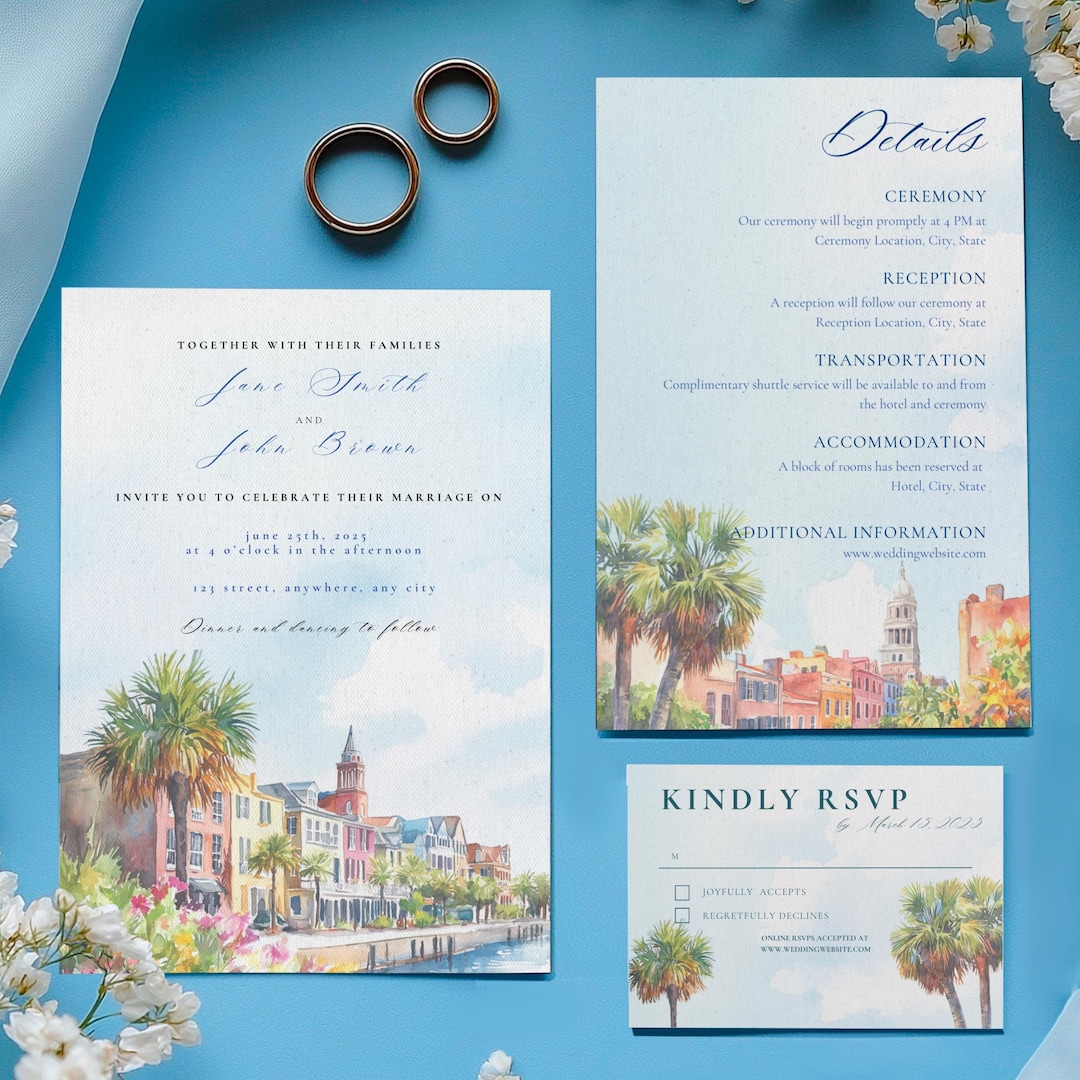 Watercolor Charleston Wedding Invitation Suite: Canva Template (digital ...