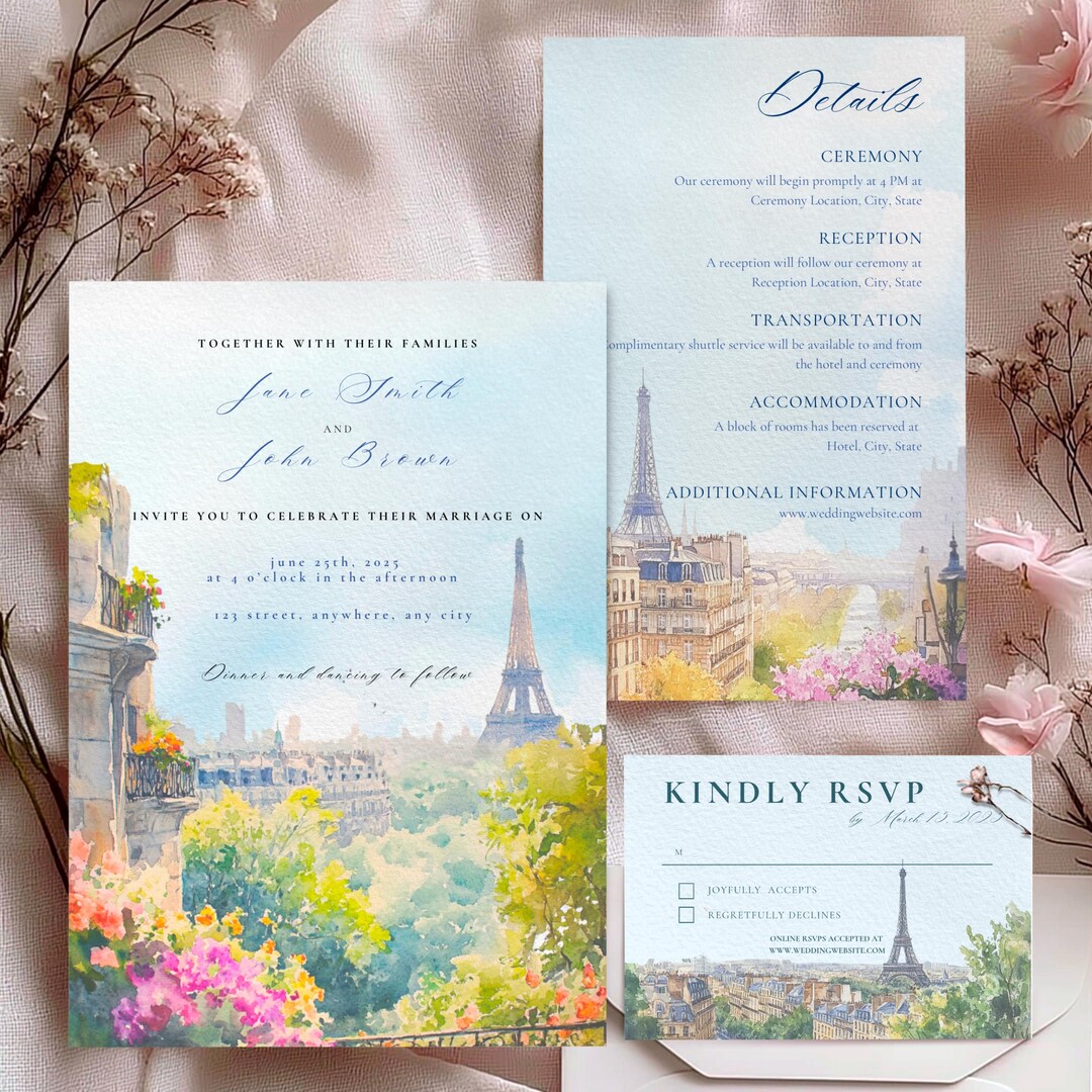 Paris Wedding Invitation Template: Watercolor Destination Suite (canva ...
