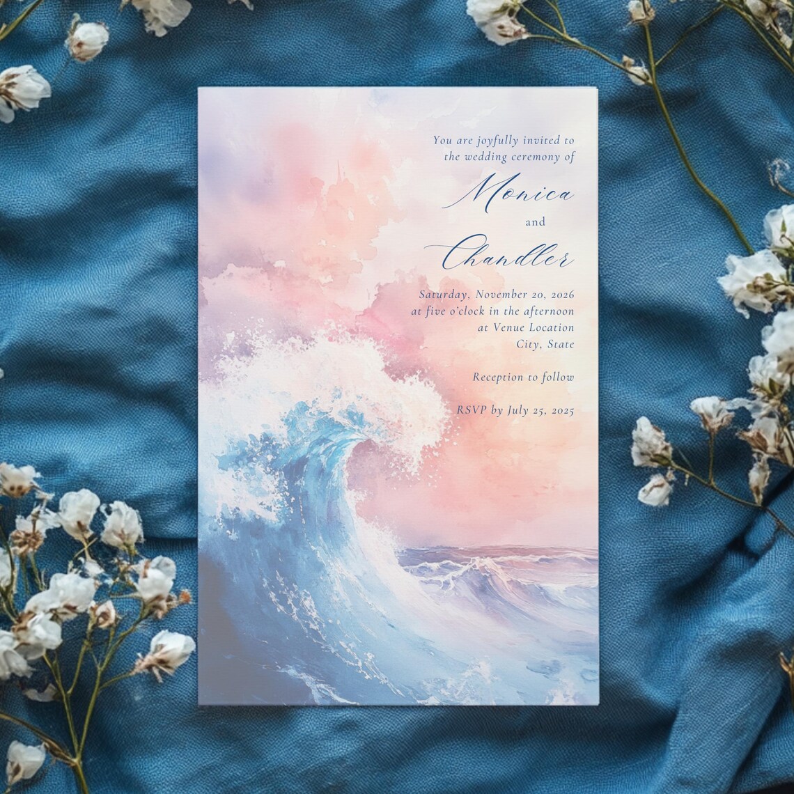 Beach Sunset Wedding Invitation, Watercolor Tropical Ocean Canva ...