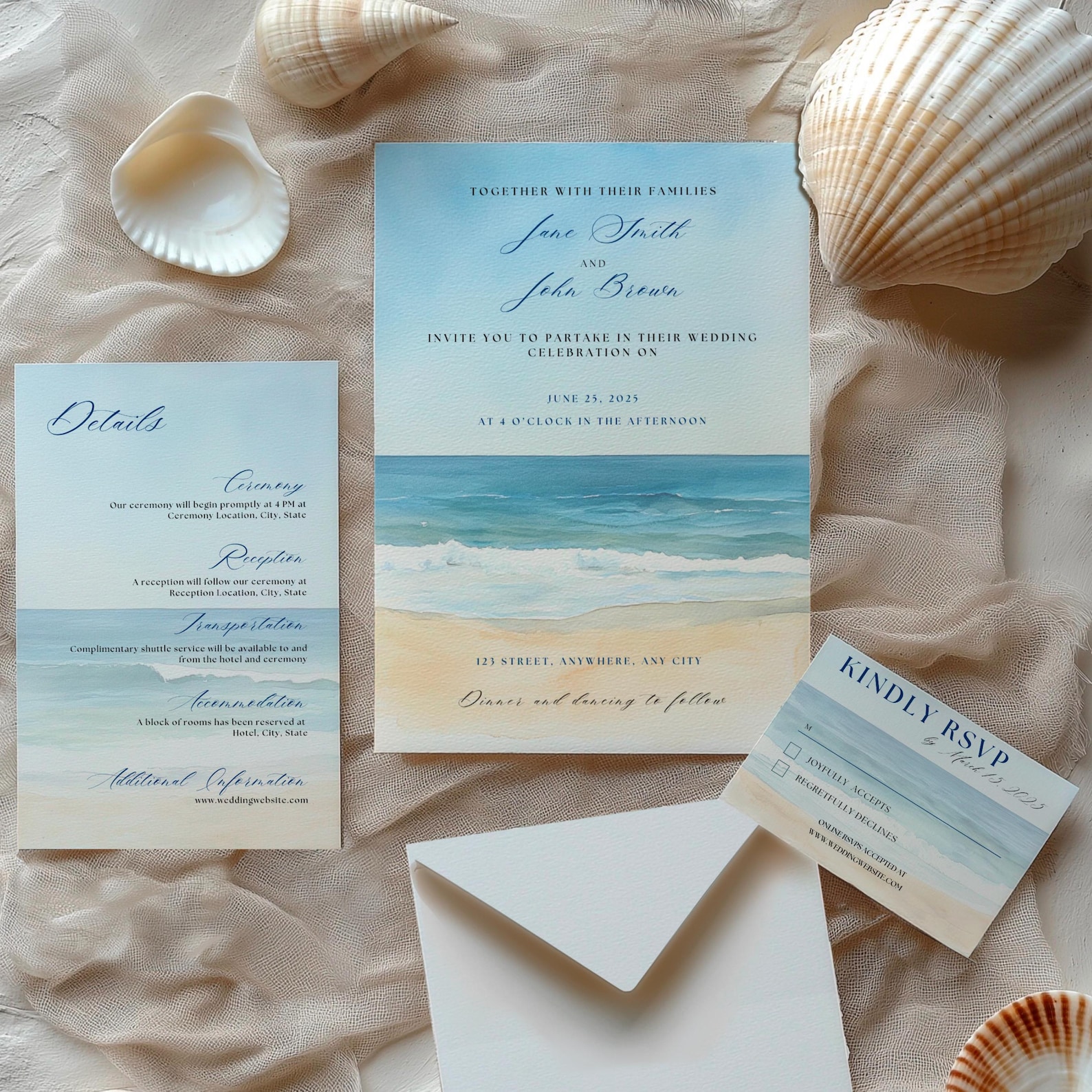 Watercolor Beach Wedding Invitation Template, Canva Digital Download ...