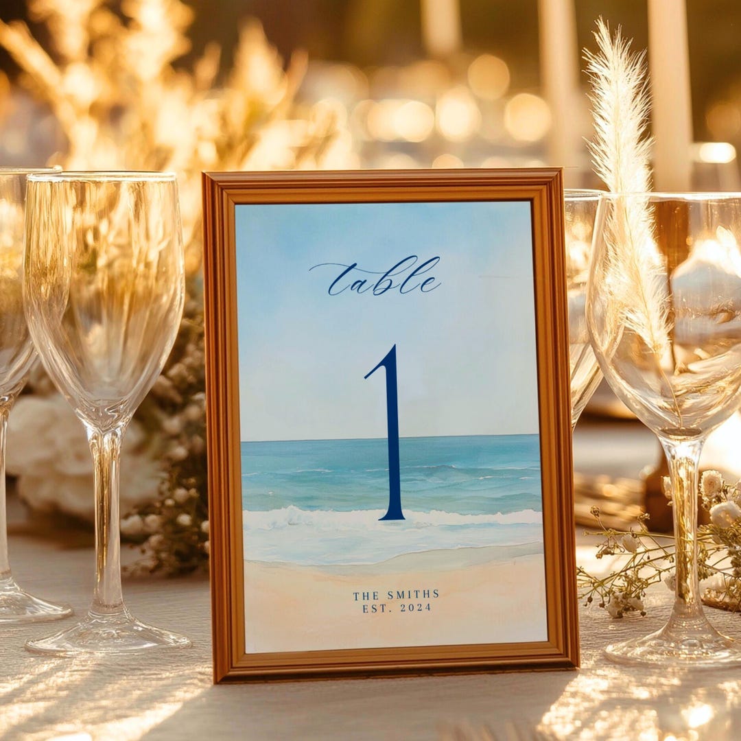 Watercolor Beach Wedding Table Numbers Card, Canva Template, Digital ...
