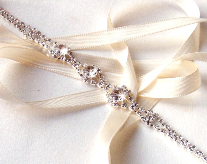 Rhinestone Ribbon Bridal Headband White or Ivory Satin Silver and ...