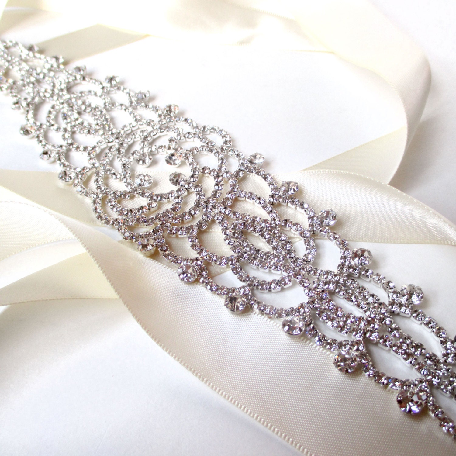 Sash - Rhinestone Rose Bridal Belt Sash - White Ivory Silver Satin ...