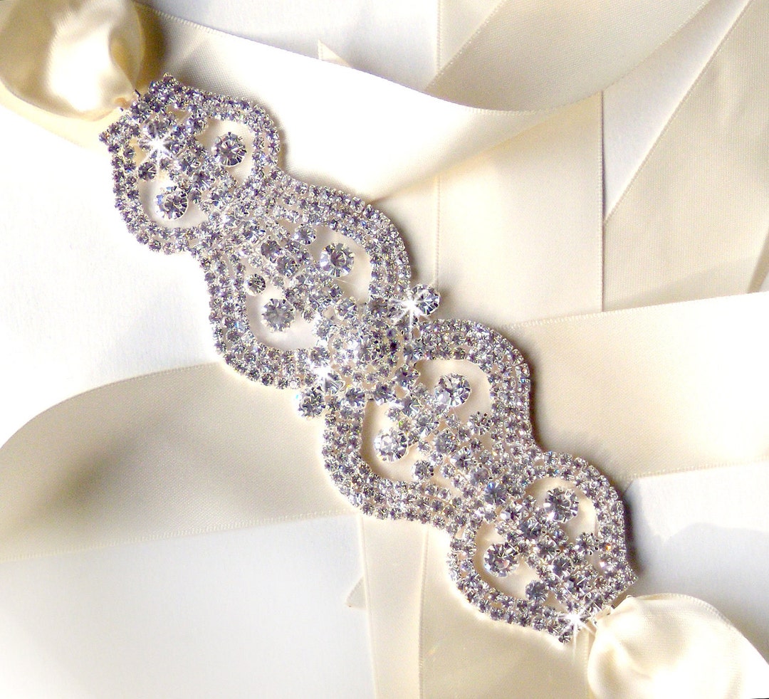 Sash Rhinestone Encrusted Bridal Belt Sash Satin Ribbon Etsy