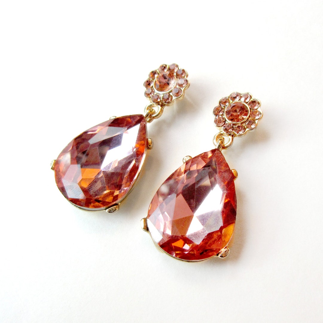 Earrings - Blush Pink and Gold Rhinestone Teardrop Earrings - Blush ...