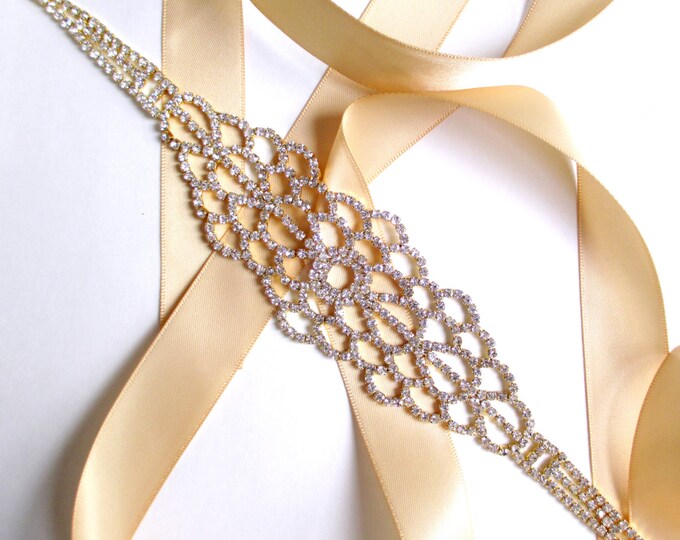 Gold Rhinestone Encrusted Bridal Belt Sash Custom Ribbon Extra Long