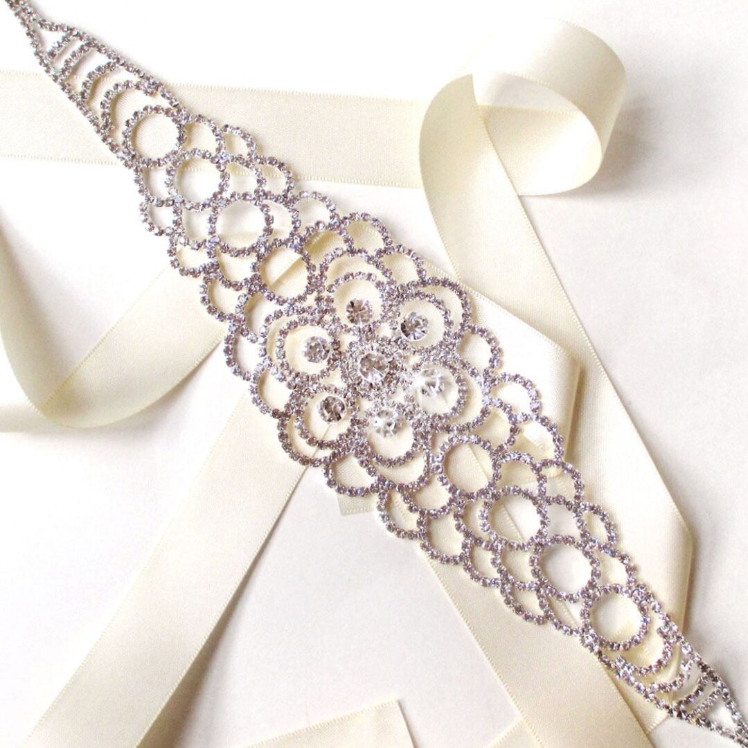 Sash - Blossoming Crystal Encrusted Bridal Belt Sash in SILVER - Satin ...
