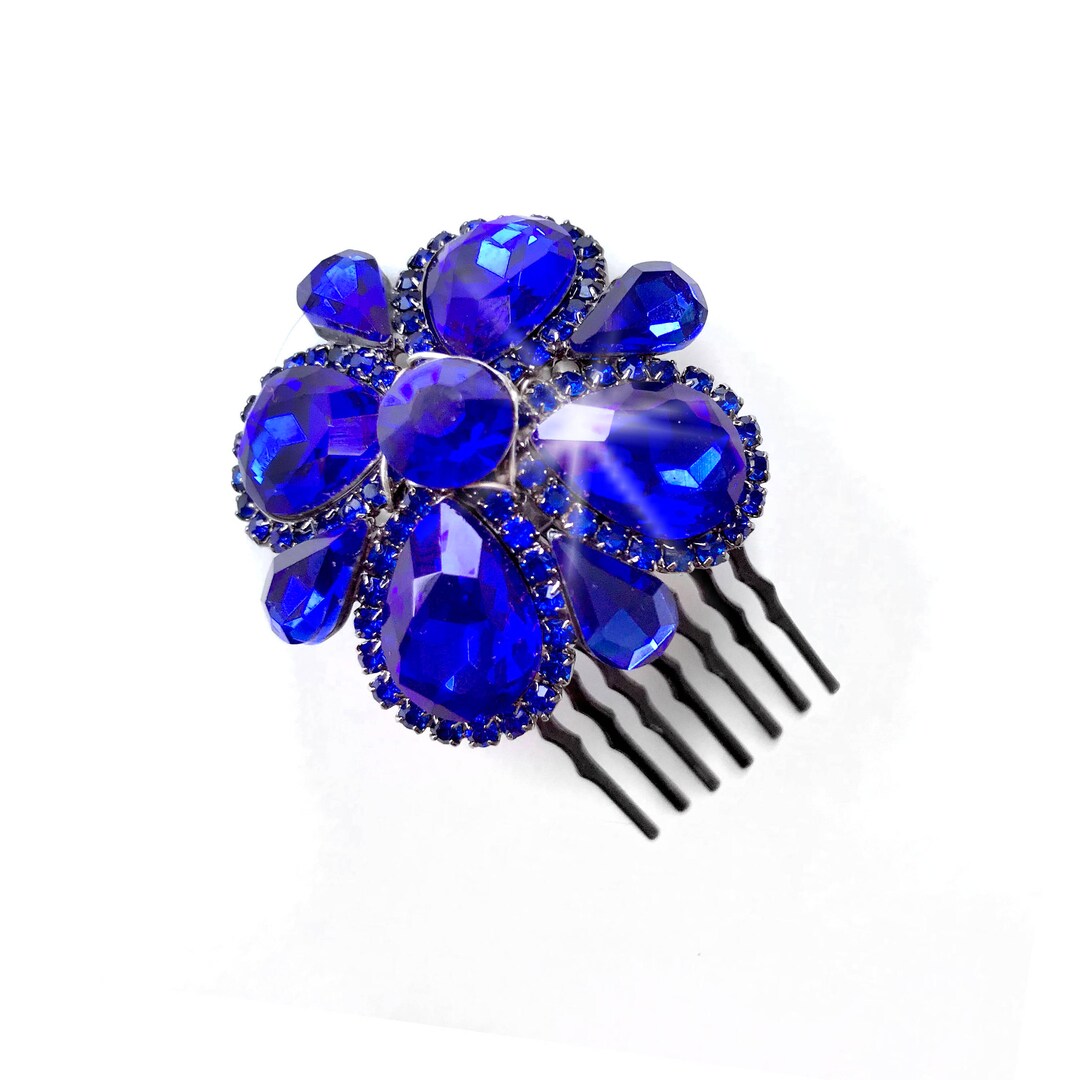 Comb Cobalt Blue and Gunmetal Hair Piece Vintage Style Brooch Bridal ...