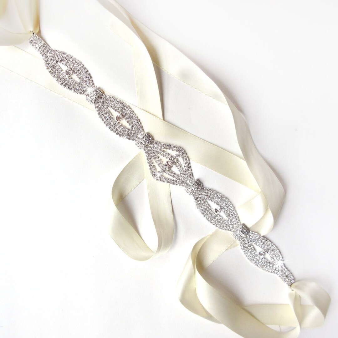 Sash Statement Rhinestone Wedding Dress Sash Silver Rhinestone